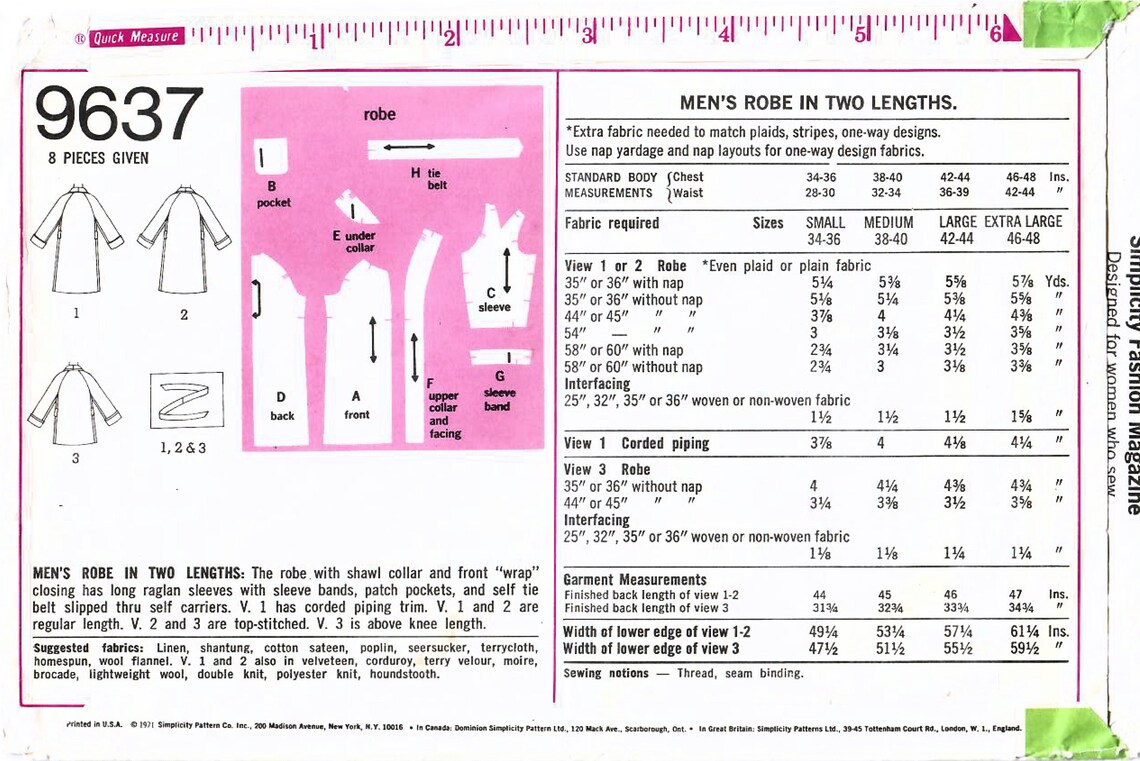 1970s Simplicity 9637 Vintage Sewing Pattern Men's Robe - Etsy