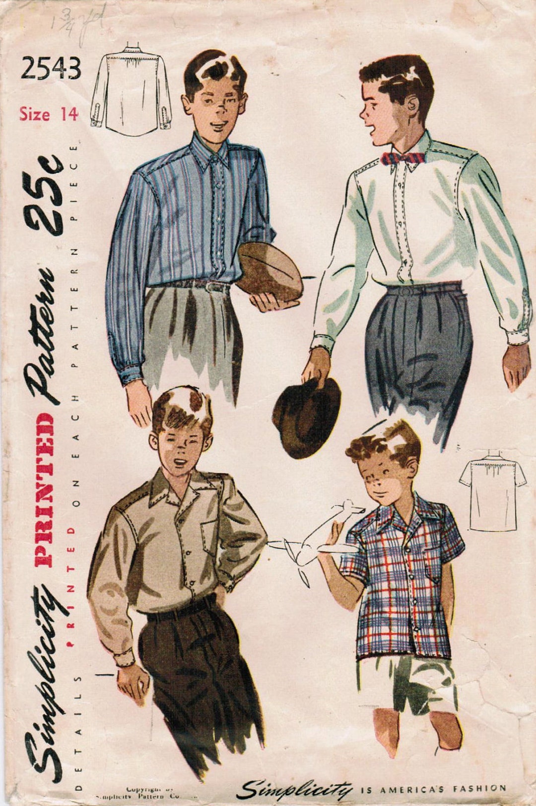 1940s Simplicity 2543 Vintage Sewing Pattern Boys Casual Shirt, Dress ...