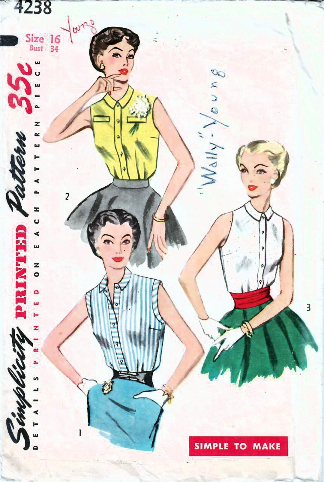 1950s Simplicity 4238 Vintage Sewing Pattern Misses Shirtwaist Blouse ...