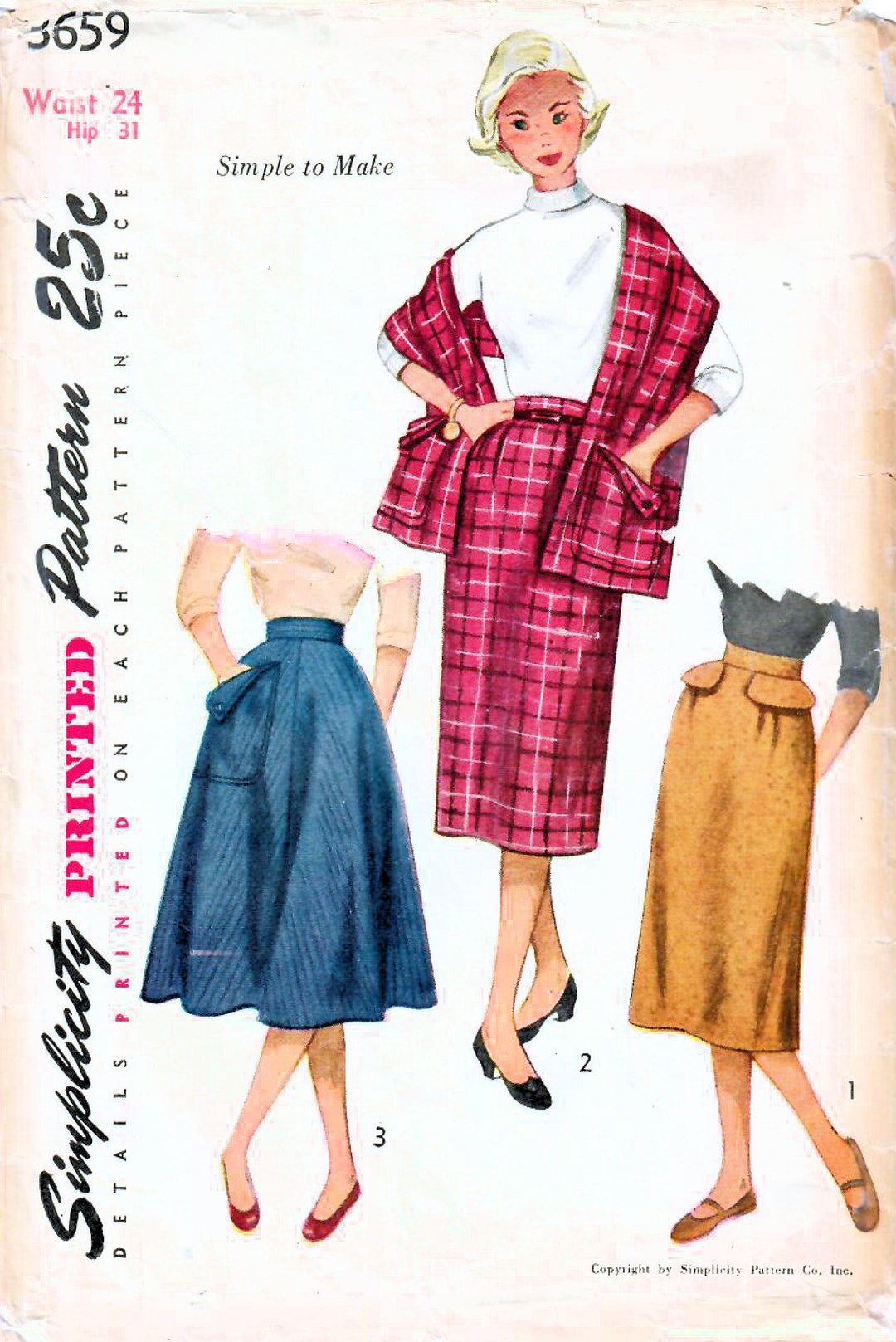1950s Simplicity 3659 Vintage Sewing Pattern Teen Slim Skirt, Flared ...