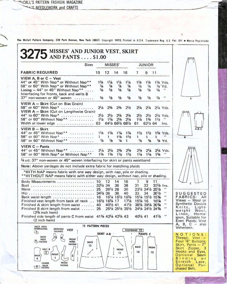 1970s Mccall's 3275 Vintage Sewing Pattern Fitted Vest, Flared Pants, A ...