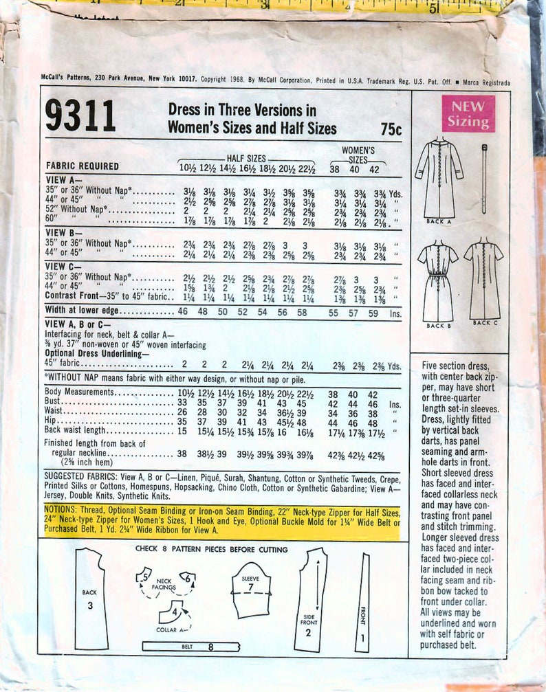 1960s Mccall's 9311 Vintage Sewing Pattern A-line Dress, Half Size 10-1 ...