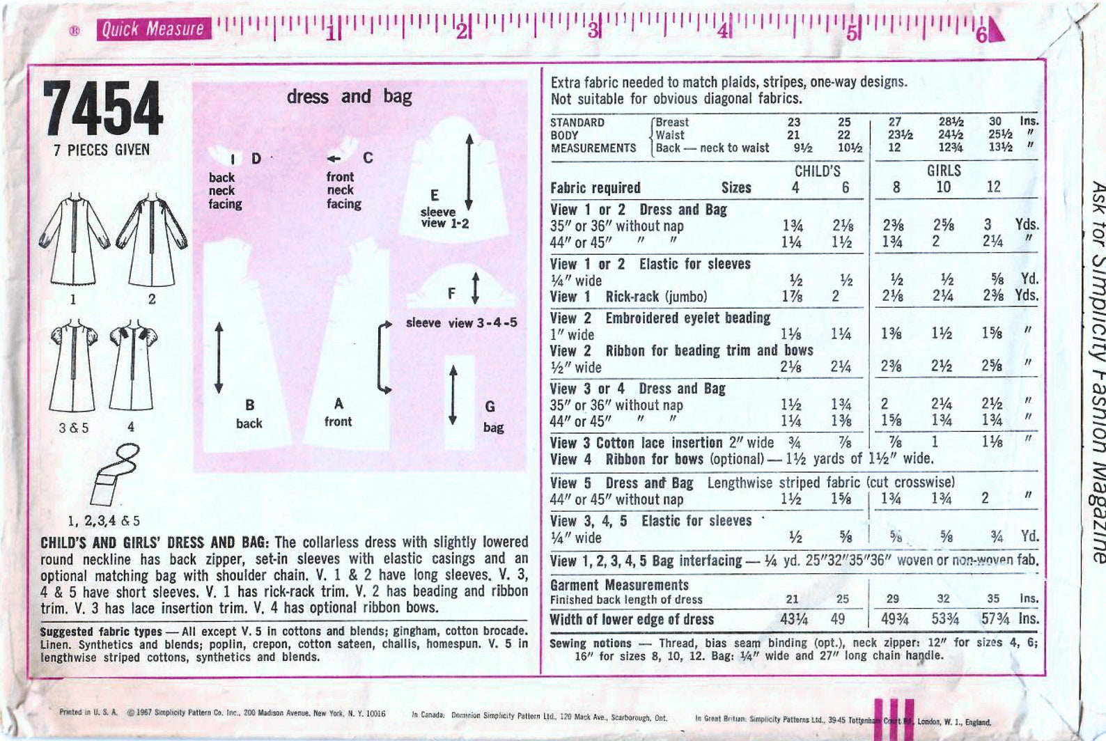 1960s Simplicity 7454 UNCUT Vintage Sewing Pattern Girl's | Etsy