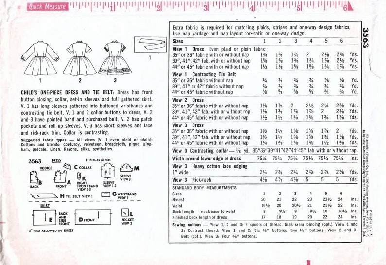 Simplicity 3563 Vintage Sewing Pattern Girl's Shirtwaist Dress, Full ...