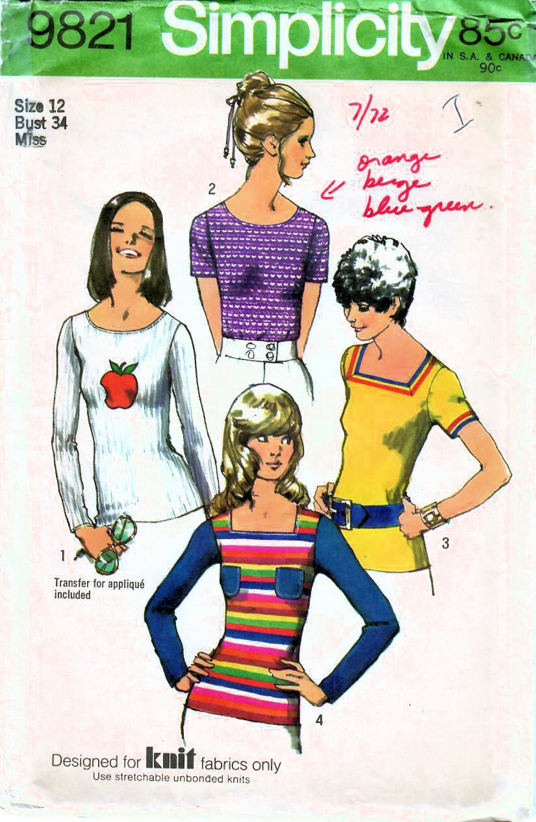 1970s Simplicity 9821 Vintage Sewing Pattern Misses T-shirt, Pullover ...