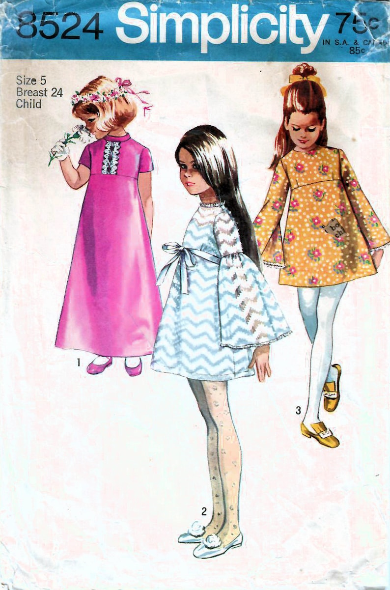 1960s Simplicity 8524 Vintage Sewing Pattern Girls Empire Waist Party ...