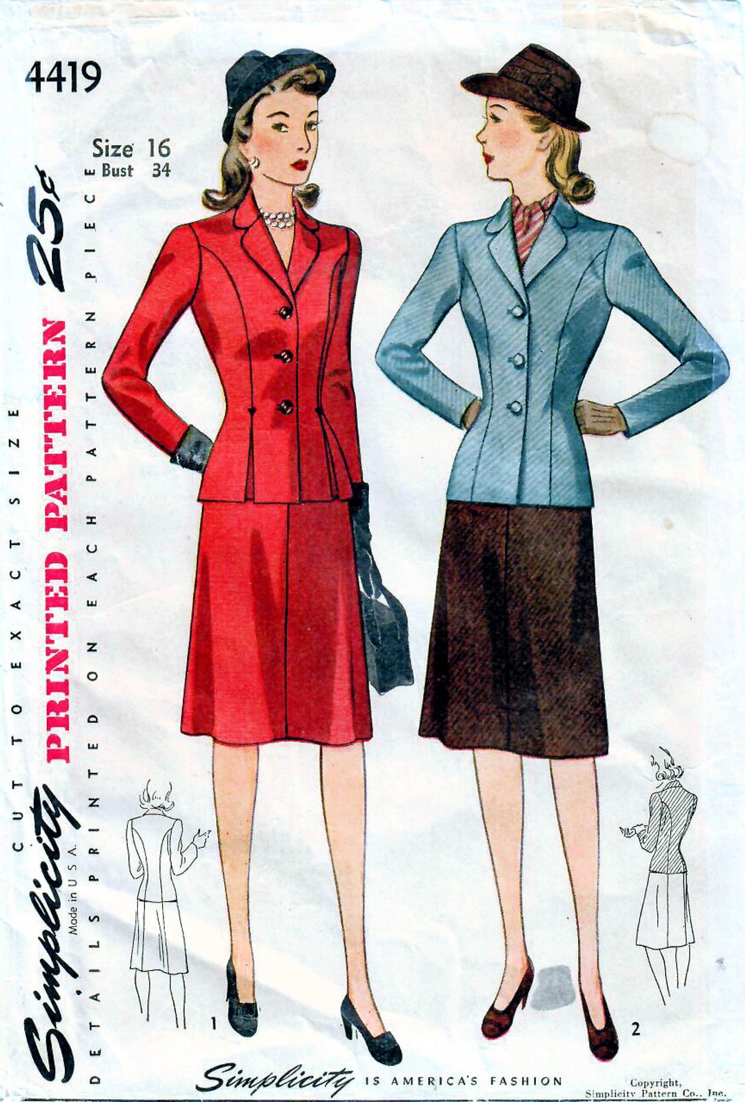 1940s Simplicity 4419 Vintage Sewing Pattern Suit Fitted - Etsy