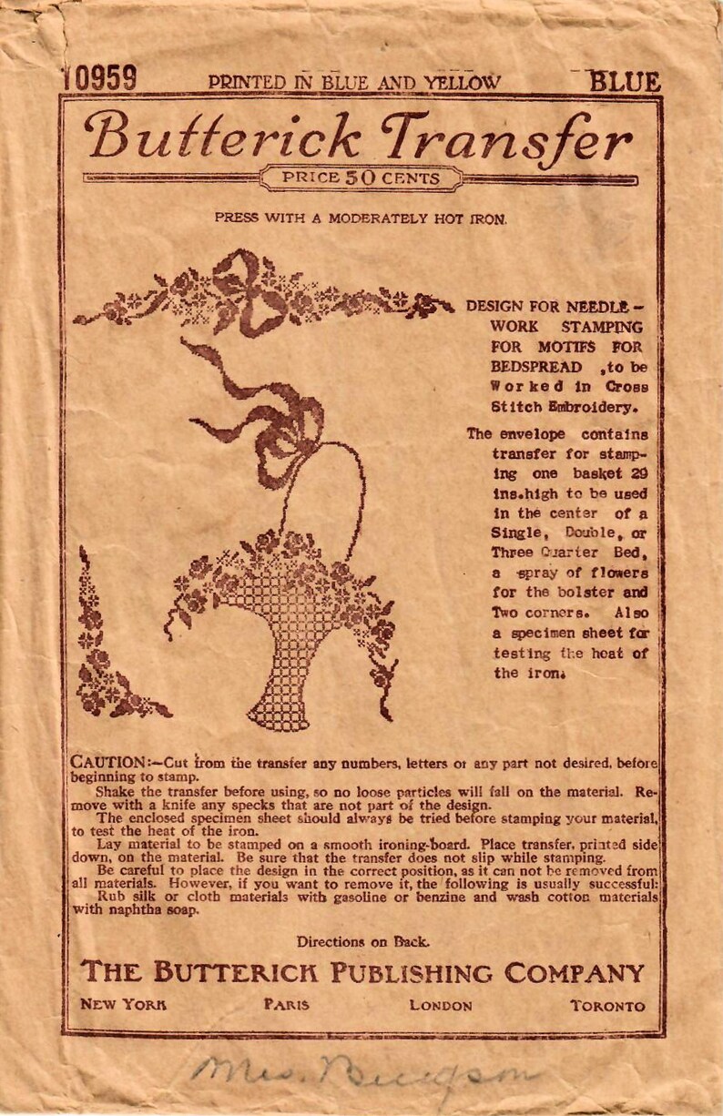 1920s Butterick 10959 UNUSED Vintage Transfer Pattern Basket of Flowers ...