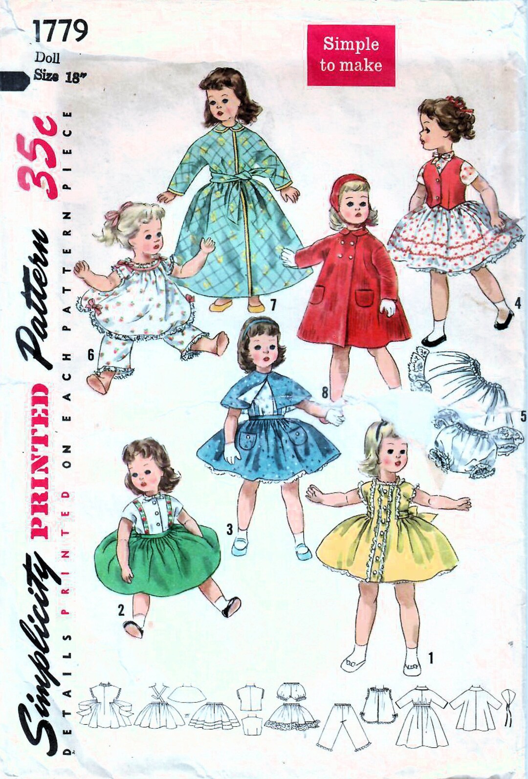 1950s Simplicity 1779 Vintage Craft Pattern Doll Clothes, Doll Wardrobe ...