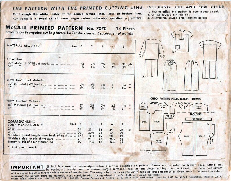 1940s Mccall 7070 Vintage Sewing Pattern Boys Long Pajamas, Two Piece ...