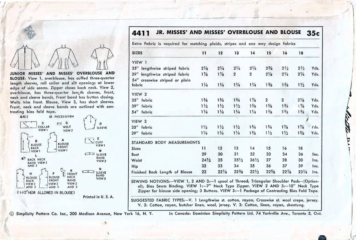 1950s Simplicity 4411 Vintage Sewing Pattern Fitted Blouse, Semi Fitted ...