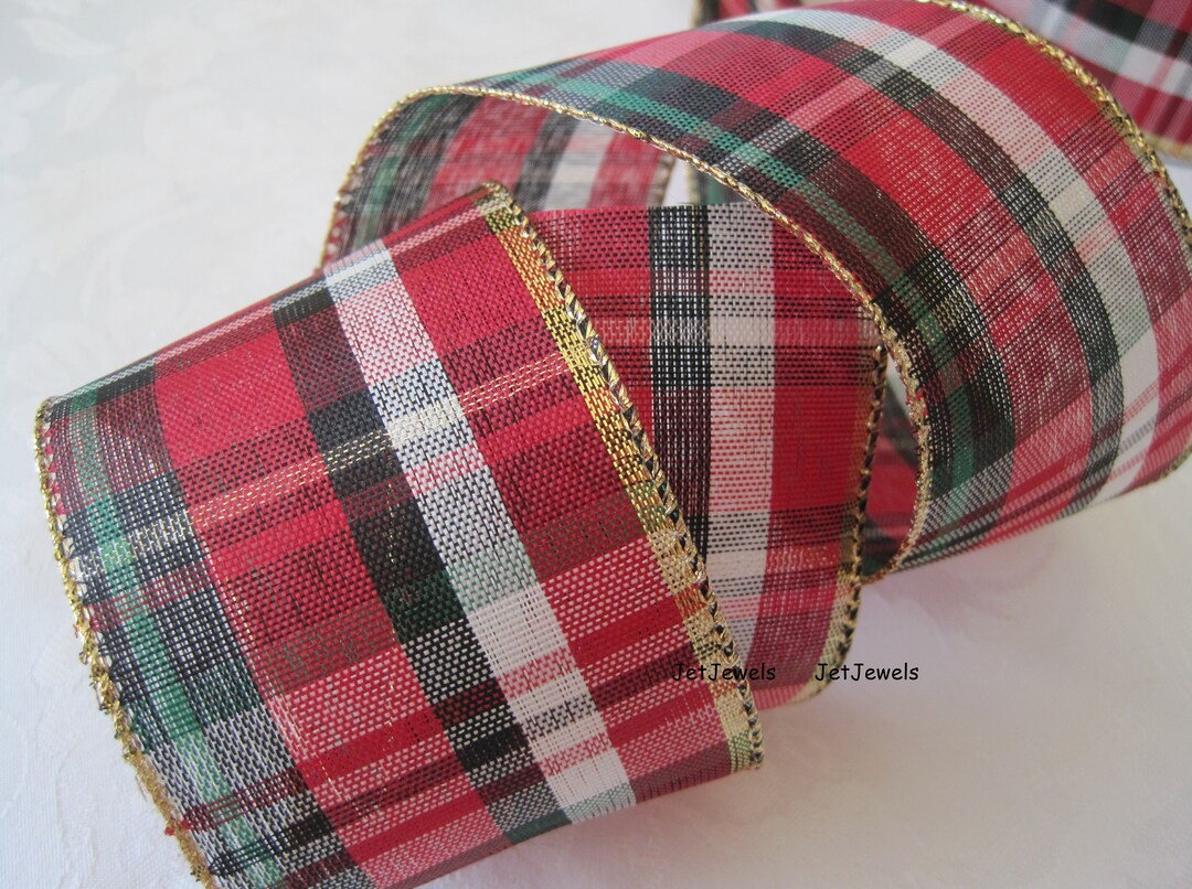 Red Plaid Ribbon, Wired Ribbon, Christmas Holiday Ribbon, Green Plaid ...