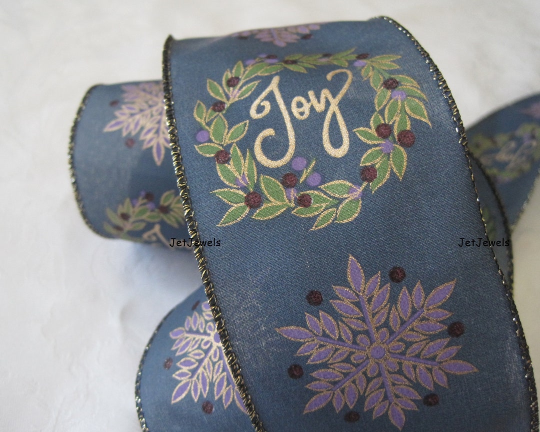 Christmas Ribbon, Blue Gray Ribbon, Wired Ribbon, Joy Wreath Floral ...