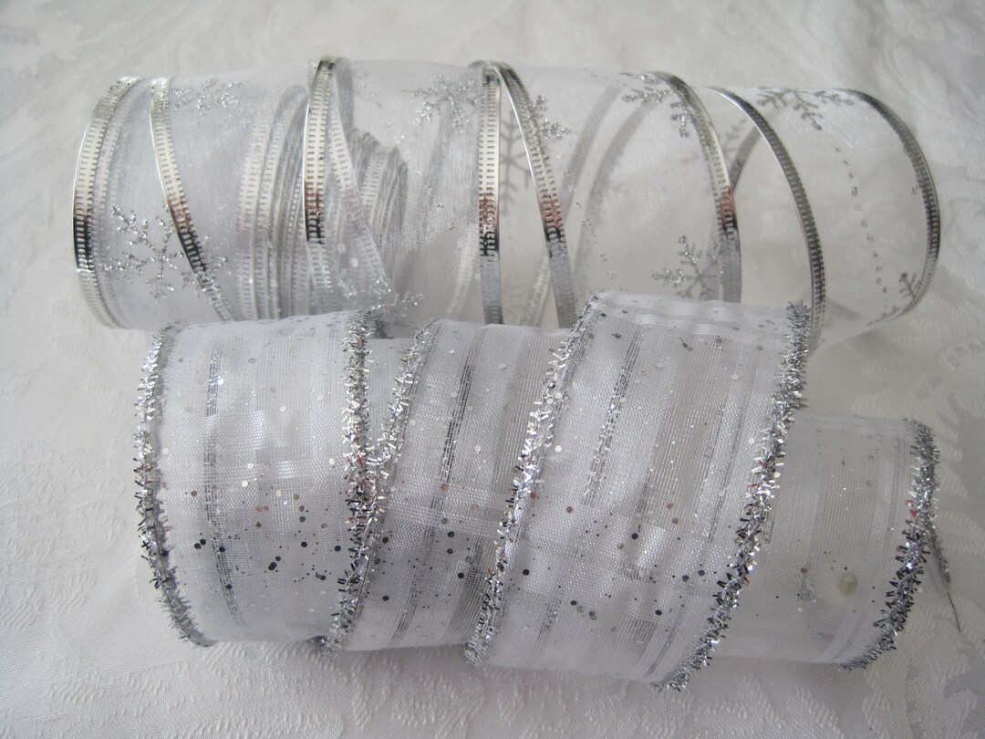 Silver Christmas Ribbon, Wired Ribbon, Floral Wreath Ribbon, Silver ...