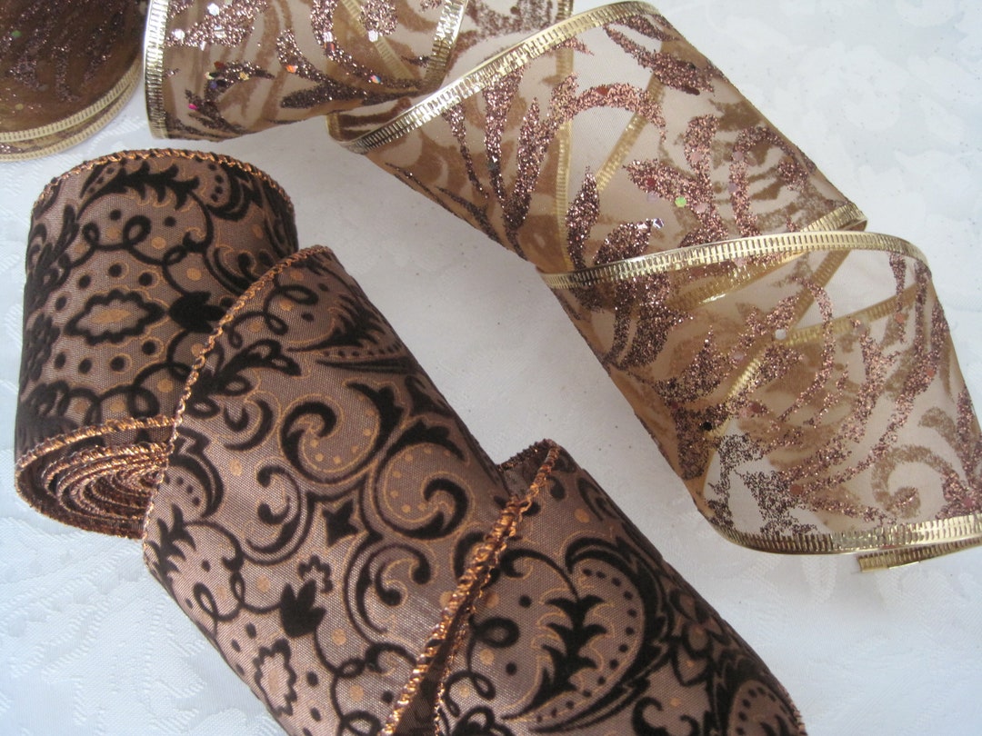 Brown Ribbon, Wired Ribbon, Christmas Holiday Ribbon, Bronze Copper ...
