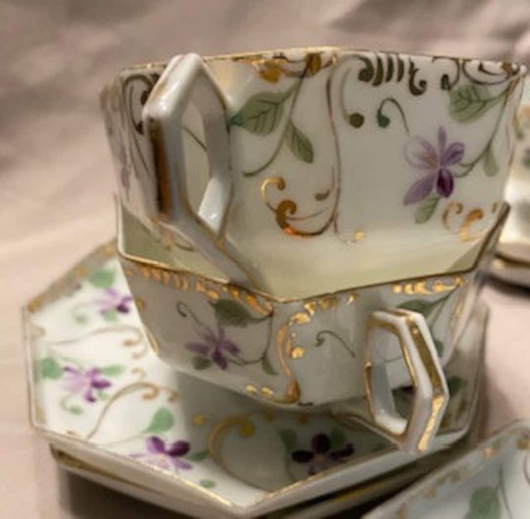 Beautiful Antique Porcelain Tea Cups and Plates, Unmarked. Purple ...