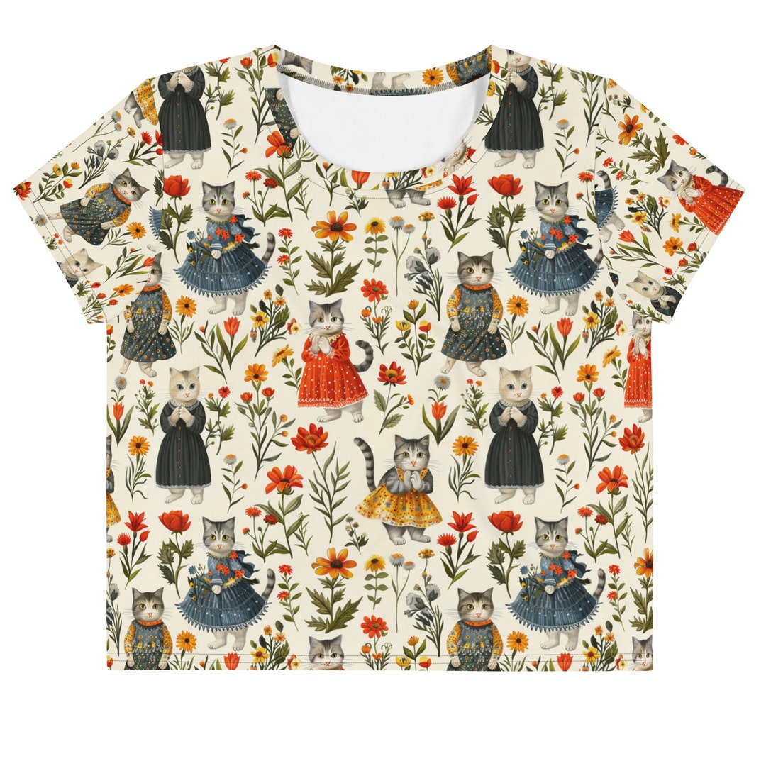 Cottagecore Cat Crop Top Vintage Whimsical Floral Design Crazy Cat Lady ...