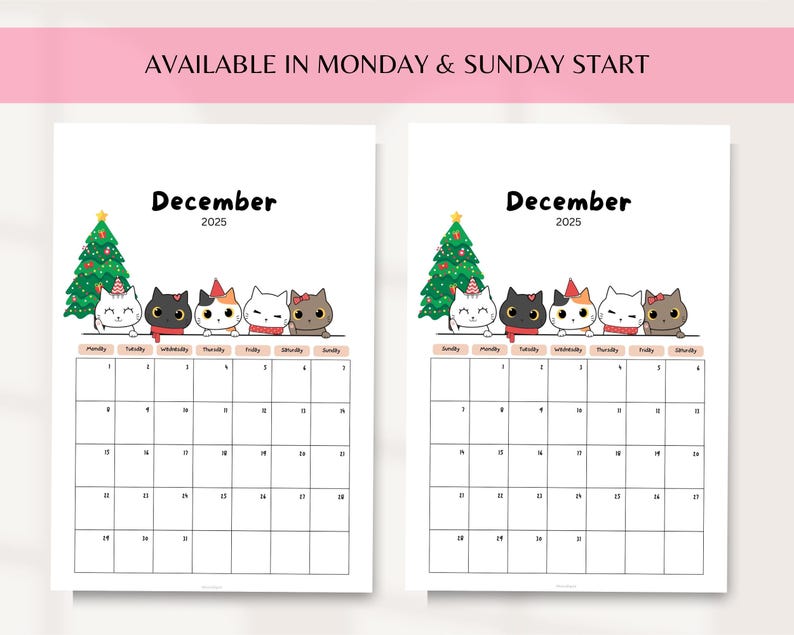 2025 Calendar Printable, Cat Theme Monthly Calendar, A4 Size, Monday ...