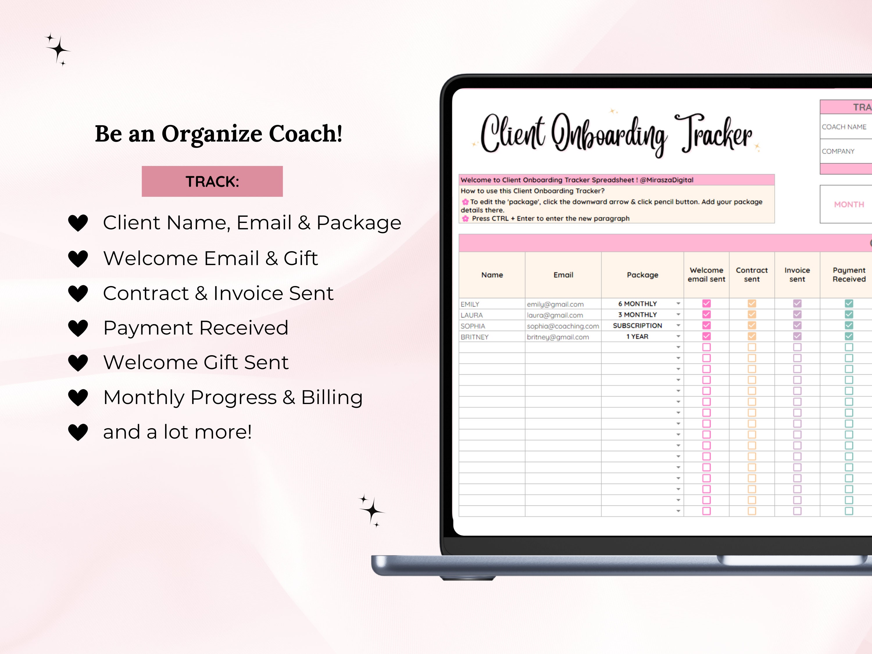 Client Onboarding Tracker Spreadsheet for Coaches, Client Management ...