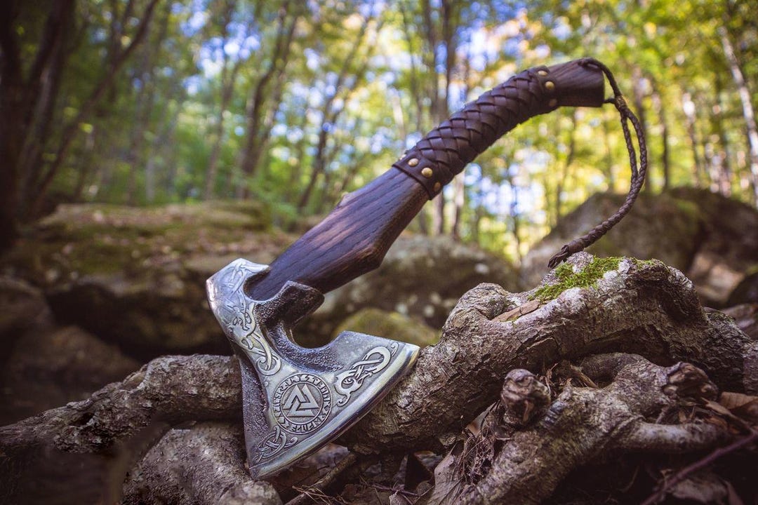 Hand Forged Carbon Steel Hatchet With Ash Wood Handle, Viking Bearded ...