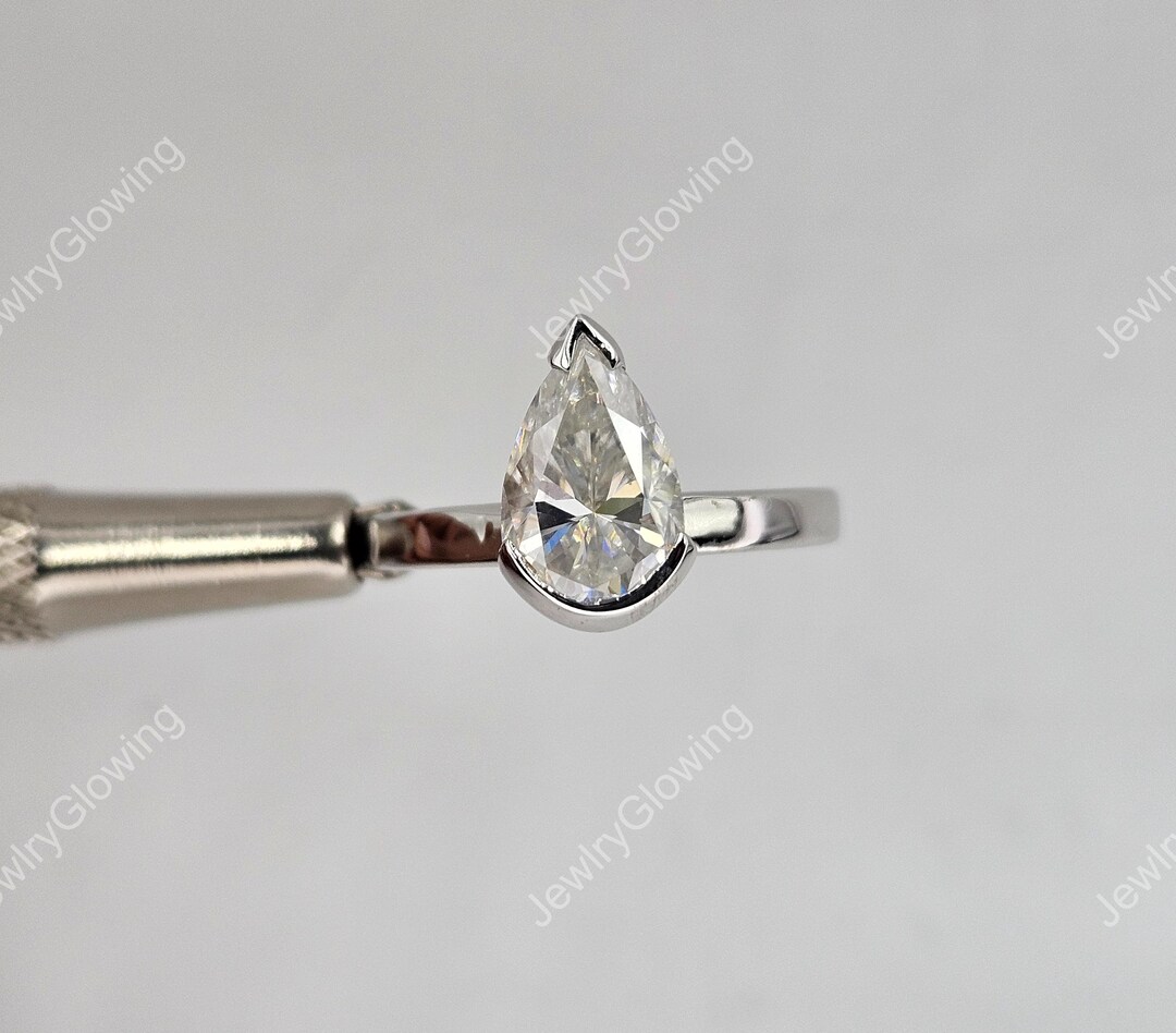 Modern Half Bezel Set Ring, 2.0 Ct Pear Cut Lab Diamond Engagement Ring ...