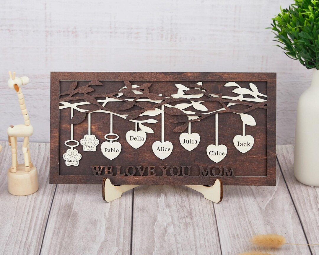 Personalized Wooden Family Tree Sign With Stand for Mom,hanging Hearts ...