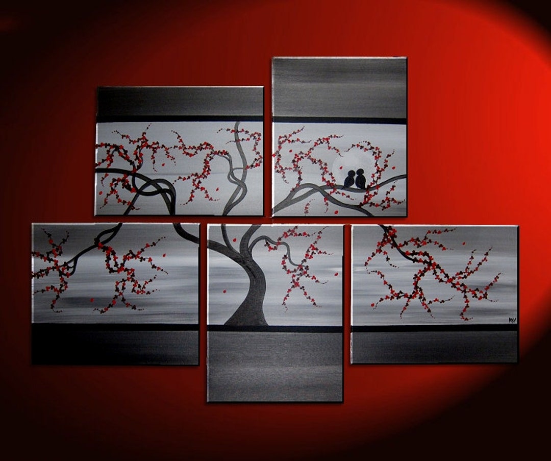 Large Asymmetrical Painting Cherry Blossoms Silver Grey Tree Art Five ...