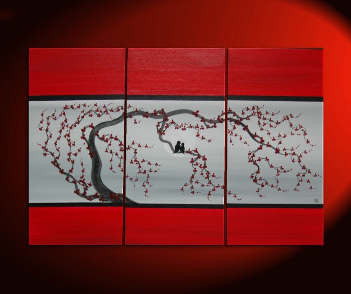 Large Love Bird Triptych Painting on Stretched Canvas Red and Grey Plum ...
