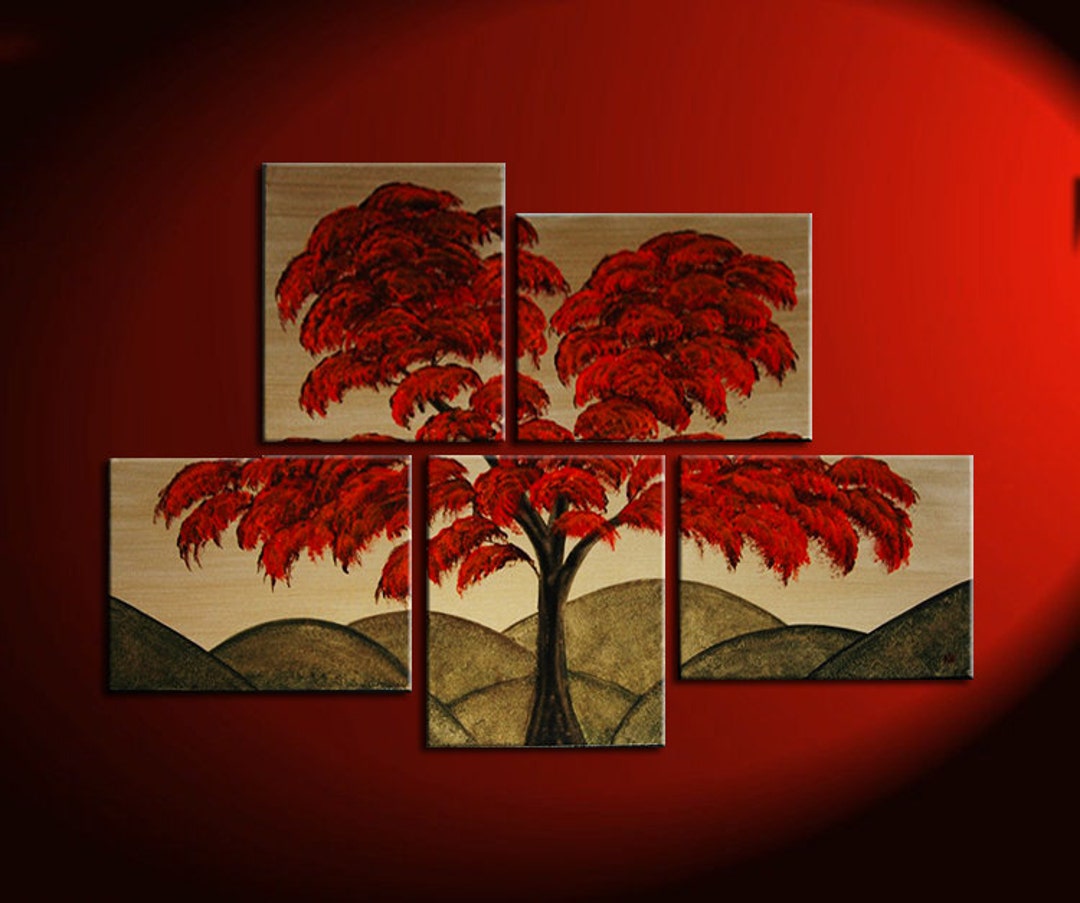 Vibrant Red Tree Painting Asymmetrical Layout Original Gold HUGE Modern ...