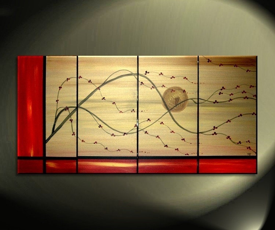 Large Gold and Red Chinese Painting Asian Fusion Cherry Blossom Art ...