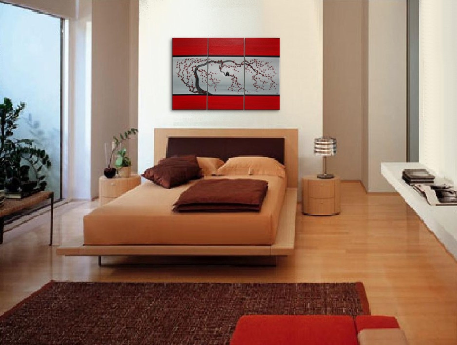 Large Love Bird Triptych Painting on Stretched Canvas Red and Grey Plum ...