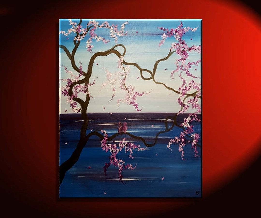 Cherry Blossom Seascape With Love Birds Blue and Purple Original ...