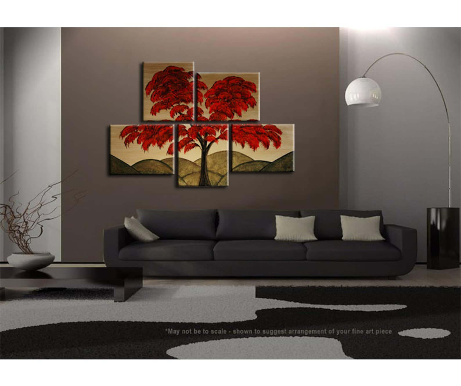 Vibrant Red Tree Painting Asymmetrical Layout Original Gold - Etsy