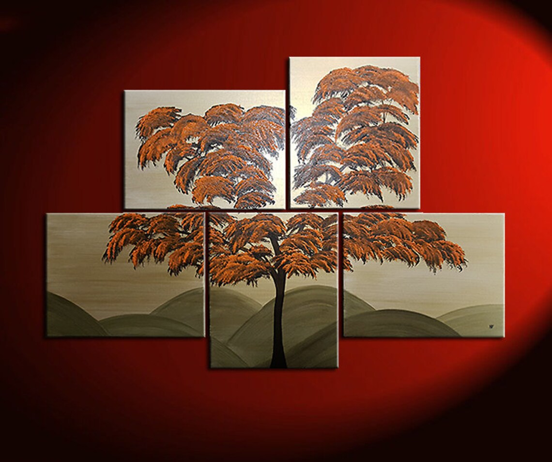 Burnt Orange Tree Painting Unique Layout Original Gold HUGE Modern ...