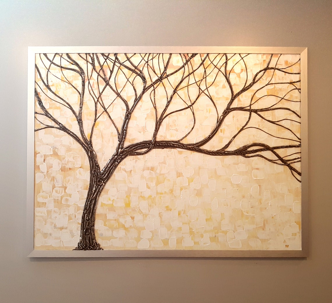 Textured Tree Painting Large Framed Wall Art Warm and Light Earth ...