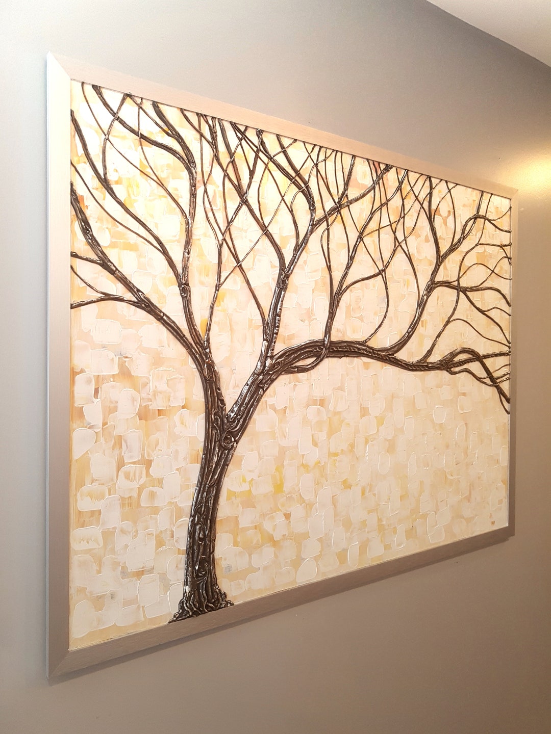 Textured Tree Painting Large Framed Wall Art Warm and Light Earth ...