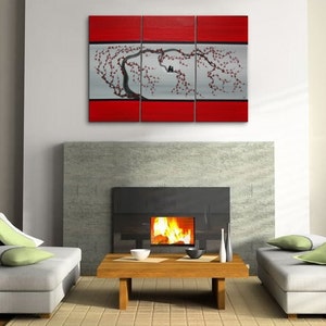 Large Love Bird Triptych Painting on Stretched Canvas Red and Grey Plum ...
