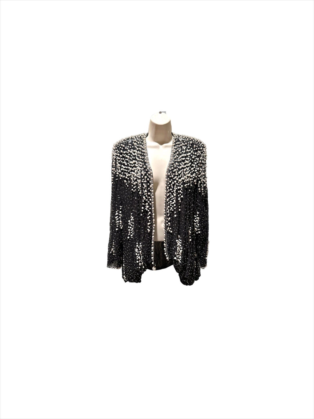 Vintage Judith Ann Plus Black & White 100% Silk Heavily Beaded Pearl ...