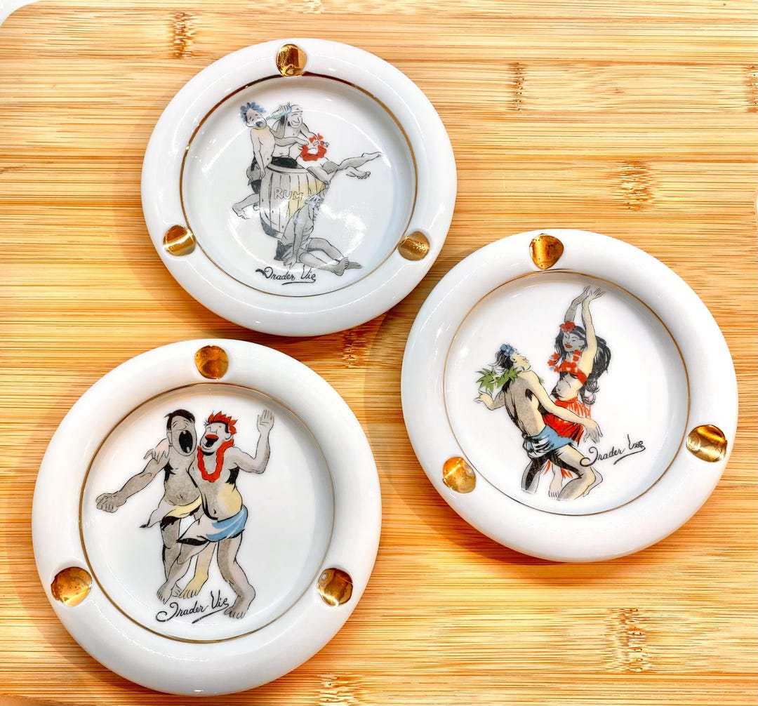 Set of 3 Vintage 1960s Tiki Bar Trader Vics Gold Trim Ashtrays, Rare Trader Vic Ashtrays ...