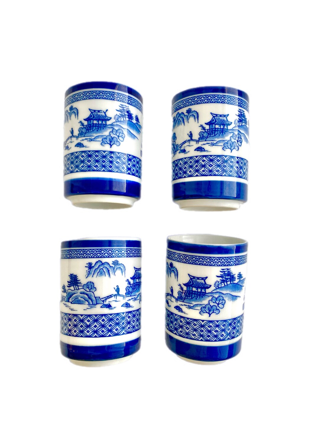 Set of 4 Sake Blue White Porcelain Shot Glass, Vintage Japanese Shot ...