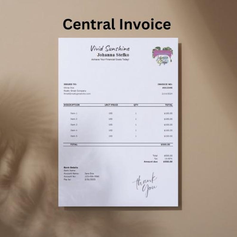 Invoice Central Template V2, Minimalist Business Invoice, Small Business Template, Modern Boho ...