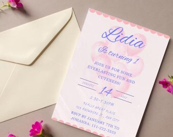 Little Baby Girl Turning 1 Birthday Invitation Template | Pink and ...