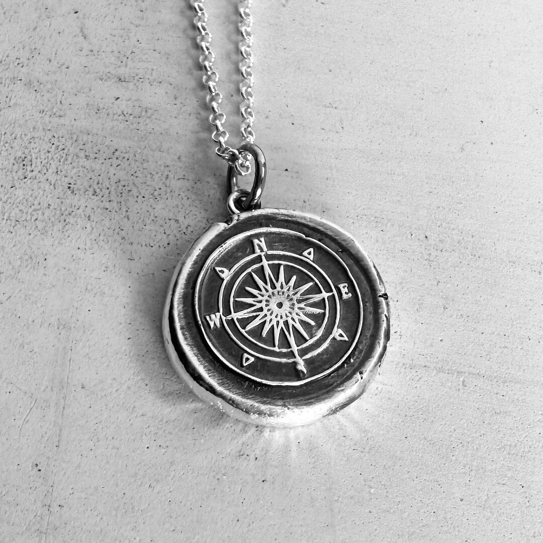 Silver Compass Necklace Vintage Inspired Pendant - Fine Silver Wax Seal ...