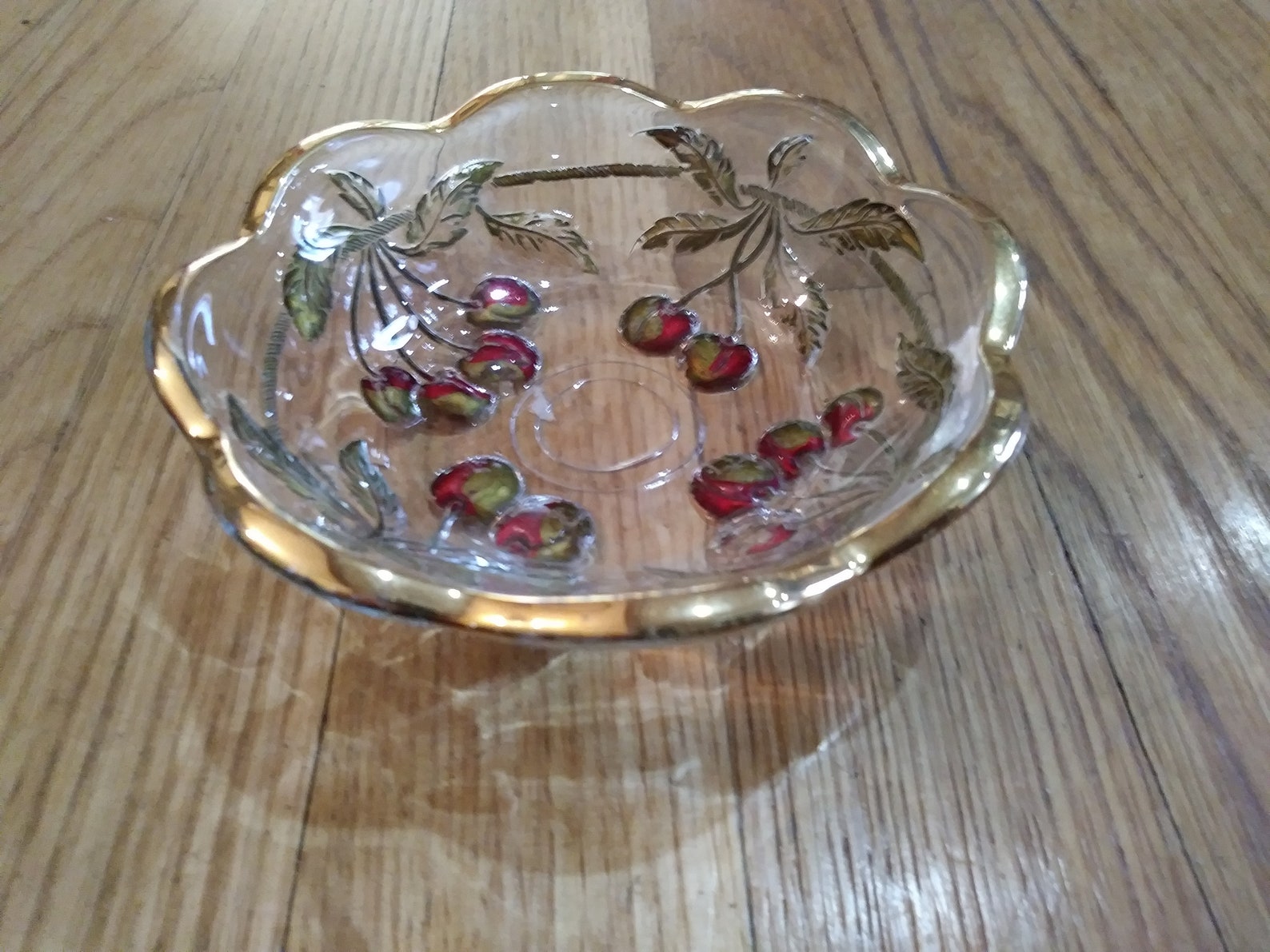 Vintage glass candy dish or bowl with cherries and gold trim | Etsy