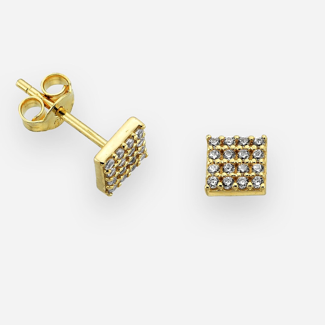 14K Solid Gold Square Cartilage Stud Earrings: Geometric Grid Design ...