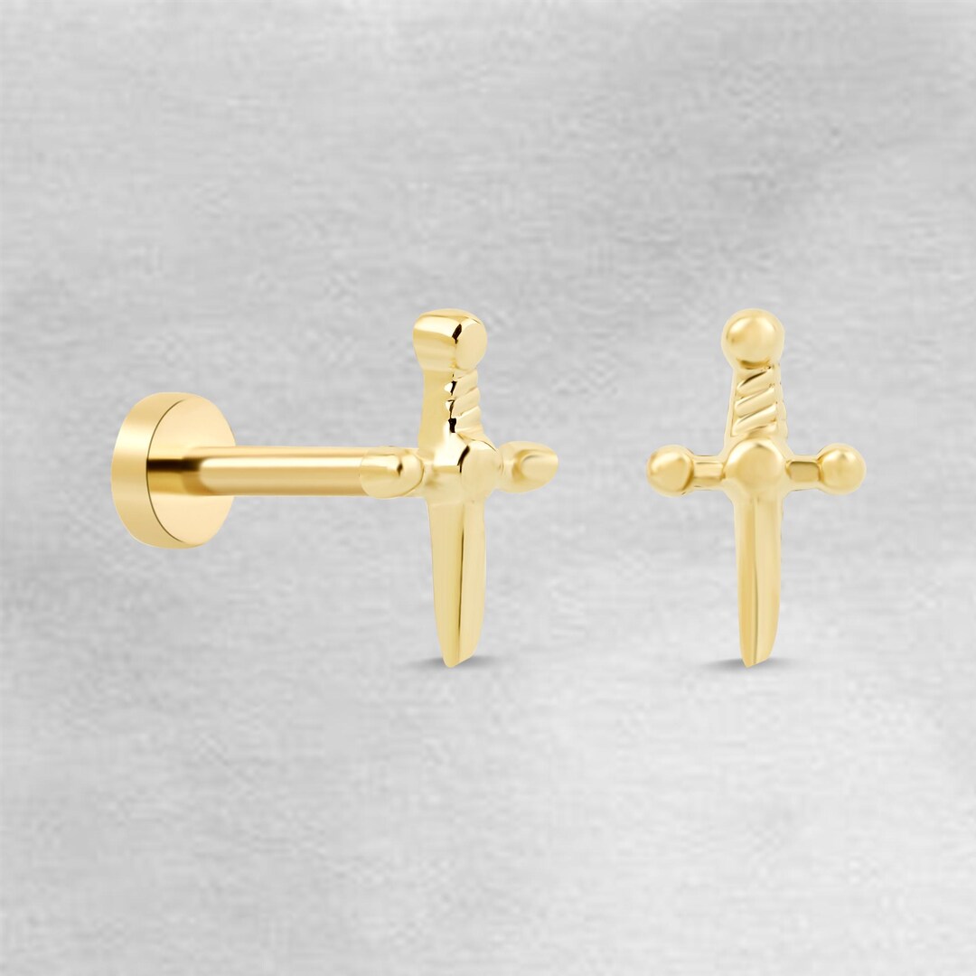 14K Gold Sword Piercing, Dagger Stud Earring, Rook Piercing, Minimalist ...