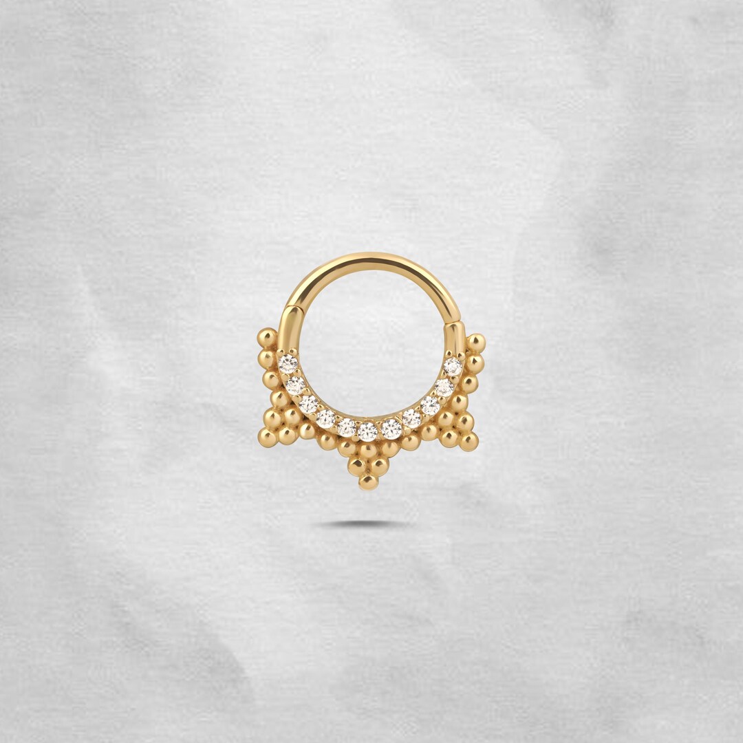 14K Real Gold Sun Septum Ring, Cartilage Helix Clicker, Dainty Beaded ...