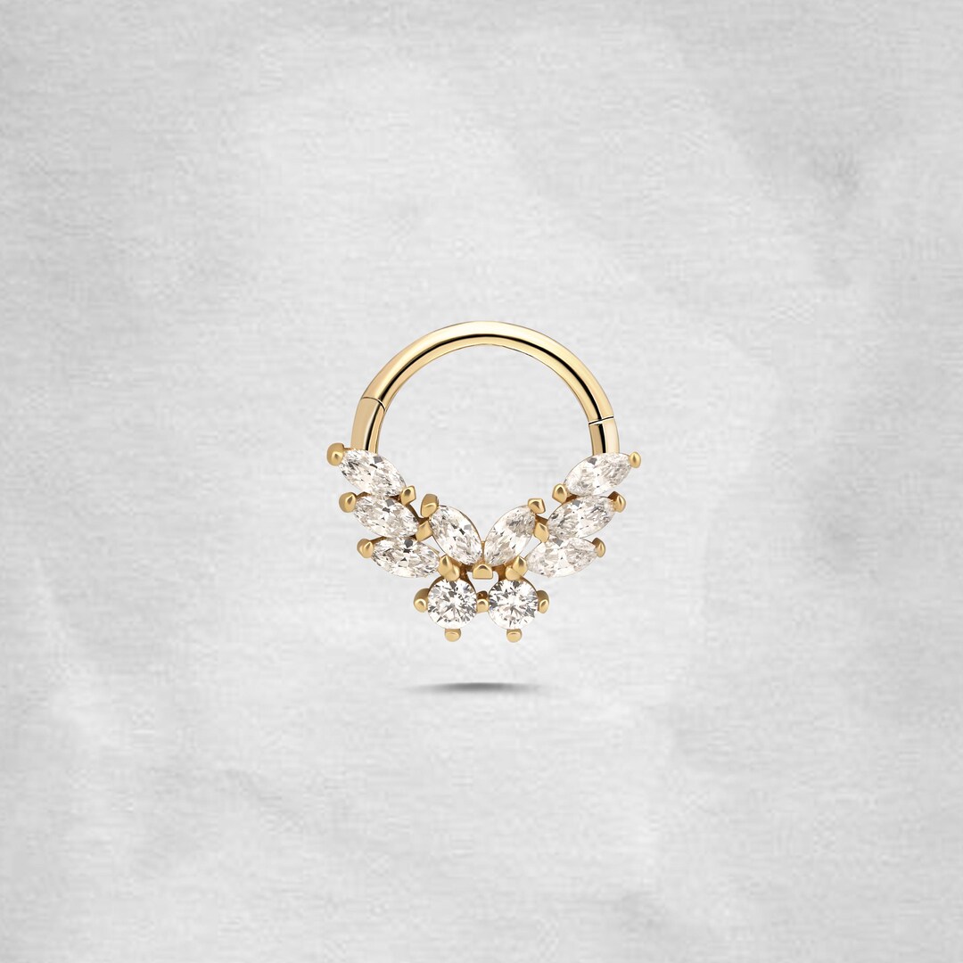 14K Solid Gold CZ Septum Ring, Stylish Hinged Helix Clicker, Tragus ...