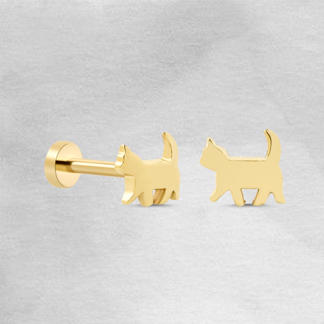 14K Solid Gold Cat Stud Earring, Tiny Cat Piercing, Minimalist Animal Tragus, Cartilage Stud ...