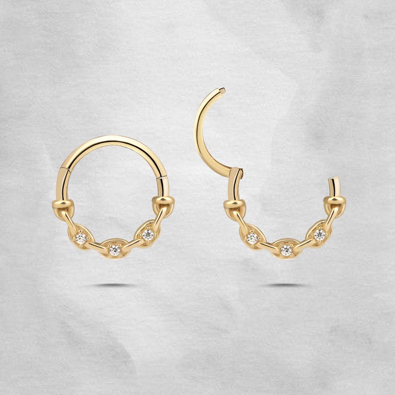 14K Solid Gold CZ Septum Ring Clicker, Daith Conch Piercing, Helix ...